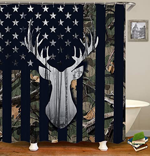 OLEBETY 4PCS/Set Camo Shower Curtain, Man Cave White Black American Flag Woodland Elk Moose Bear Wildlife Animal Hunting Rustic Cabin Bathroom Decor Non-slip Bath Rugs Gifts for Men Hunters, Deer Head