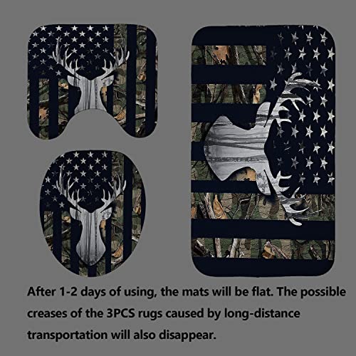 OLEBETY 4PCS/Set Camo Shower Curtain, Man Cave White Black American Flag Woodland Elk Moose Bear Wildlife Animal Hunting Rustic Cabin Bathroom Decor Non-slip Bath Rugs Gifts for Men Hunters, Deer Head