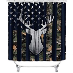 OLEBETY 4PCS/Set Camo Shower Curtain, Man Cave White Black American Flag Woodland Elk Moose Bear Wildlife Animal Hunting Rustic Cabin Bathroom Decor Non-slip Bath Rugs Gifts for Men Hunters, Deer Head