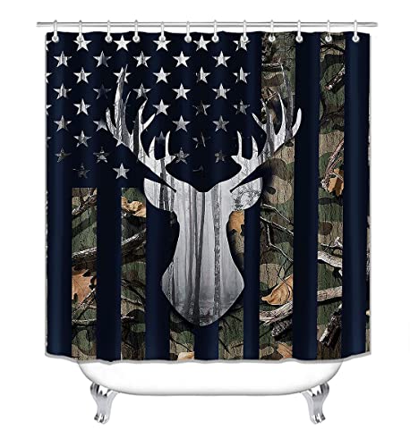 OLEBETY 4PCS/Set Camo Shower Curtain, Man Cave White Black American Flag Woodland Elk Moose Bear Wildlife Animal Hunting Rustic Cabin Bathroom Decor Non-slip Bath Rugs Gifts for Men Hunters, Deer Head