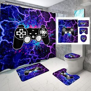 4pcs boys shower curtain set for bathroom gaming decor, game bathroom sets with gamepad bath rugs toilet lid cover, purple lightning painting gaming shower curtain washable, blue (70 x 70 inch)