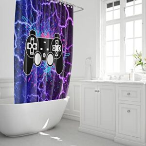 4Pcs Boys Shower Curtain Set for Bathroom Gaming Decor, Game Bathroom Sets with Gamepad Bath Rugs Toilet Lid Cover, Purple Lightning Painting Gaming Shower Curtain Washable, Blue (70 x 70 Inch)