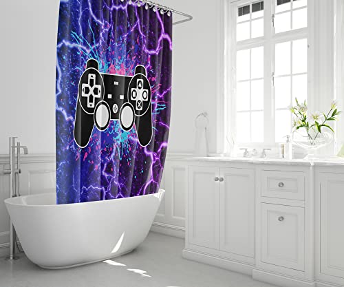 4Pcs Boys Shower Curtain Set for Bathroom Gaming Decor, Game Bathroom Sets with Gamepad Bath Rugs Toilet Lid Cover, Purple Lightning Painting Gaming Shower Curtain Washable, Blue (70 x 70 Inch)