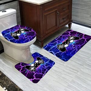 4Pcs Boys Shower Curtain Set for Bathroom Gaming Decor, Game Bathroom Sets with Gamepad Bath Rugs Toilet Lid Cover, Purple Lightning Painting Gaming Shower Curtain Washable, Blue (70 x 70 Inch)