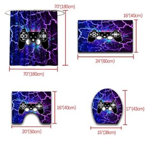 4Pcs Boys Shower Curtain Set for Bathroom Gaming Decor, Game Bathroom Sets with Gamepad Bath Rugs Toilet Lid Cover, Purple Lightning Painting Gaming Shower Curtain Washable, Blue (70 x 70 Inch)