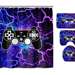 4Pcs Boys Shower Curtain Set for Bathroom Gaming Decor, Game Bathroom Sets with Gamepad Bath Rugs Toilet Lid Cover, Purple Lightning Painting Gaming Shower Curtain Washable, Blue (70 x 70 Inch)