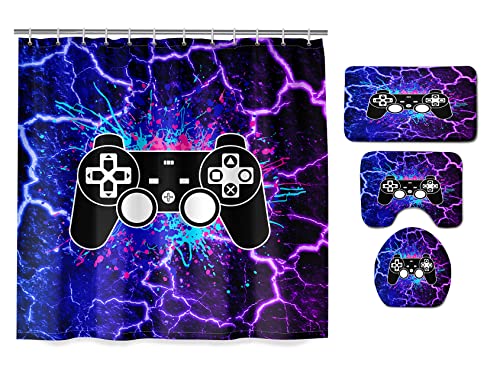 4Pcs Boys Shower Curtain Set for Bathroom Gaming Decor, Game Bathroom Sets with Gamepad Bath Rugs Toilet Lid Cover, Purple Lightning Painting Gaming Shower Curtain Washable, Blue (70 x 70 Inch)