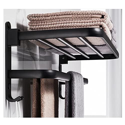 Towel Shelf-XINGLO- with Double Towel Bar Rack Organizer for Bathroom Hotel Stainless Steel Modern Wall Mount Matte Black,Hole-Installing ,Space Saving ,Square Style 15.55-Inch/38.5CM