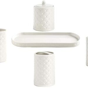 5-Piece Bath Accessory Set by Kassatex, Scala Bath Accessories | Lotion Dispenser, Toothbrush Holder, Tumbler, Tray, Cotton Jar - Embossed porcelain