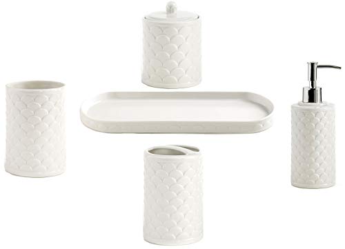 5-Piece Bath Accessory Set by Kassatex, Scala Bath Accessories | Lotion Dispenser, Toothbrush Holder, Tumbler, Tray, Cotton Jar - Embossed porcelain