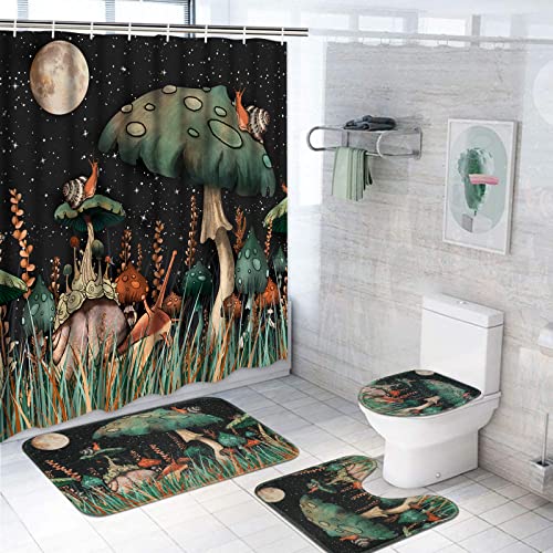 Alishomtll 4 Pcs Mushroom Shower Curtain Sets with Non-Slip Rug, Toilet Lid Cover and Bath Mat, Cute Hippie Moon Shower Curtain with 12 Hooks, Green Black Bathroom Sets with Shower Curtain and Rugs