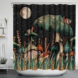 Alishomtll 4 Pcs Mushroom Shower Curtain Sets with Non-Slip Rug, Toilet Lid Cover and Bath Mat, Cute Hippie Moon Shower Curtain with 12 Hooks, Green Black Bathroom Sets with Shower Curtain and Rugs