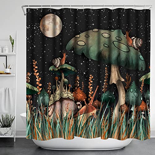 Alishomtll 4 Pcs Mushroom Shower Curtain Sets with Non-Slip Rug, Toilet Lid Cover and Bath Mat, Cute Hippie Moon Shower Curtain with 12 Hooks, Green Black Bathroom Sets with Shower Curtain and Rugs