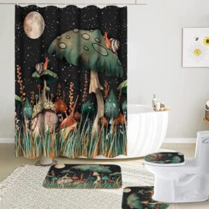 Alishomtll 4 Pcs Mushroom Shower Curtain Sets with Non-Slip Rug, Toilet Lid Cover and Bath Mat, Cute Hippie Moon Shower Curtain with 12 Hooks, Green Black Bathroom Sets with Shower Curtain and Rugs