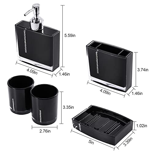 Bathroom Accessories Set, Bathroom Designer 5-Piece Bath Accessory Set Decorative Bath Accessory Kit with Toothbrush Holder Soap Dish Toothbrush Cup Soap Dispenser Gargle Cup (Black)