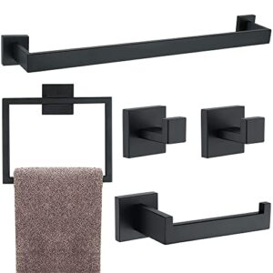 5 pieces bathroom hardware accessories set matte black, 24inch bathroom towel rack set sus304 stainless steel, square bath towel bar set wall mounted, heavy duty