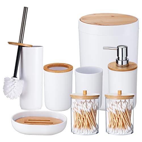 iMucci Bathroom Accessories Set with Trash Can,Toilet Brush,Toothbrush Holder, Lotion Soap Dispenser, Soap Dish,Toothbrush Cup,Qtip Holder(8Pcs White Bamboo Cover)