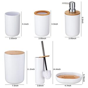 iMucci Bathroom Accessories Set with Trash Can,Toilet Brush,Toothbrush Holder, Lotion Soap Dispenser, Soap Dish,Toothbrush Cup,Qtip Holder(8Pcs White Bamboo Cover)