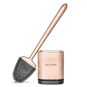 sellemer toilet brush and holder set for bathroom, flexible toilet bowl brush head with silicone bristles, compact size for storage and organization, ventilation slots base (rose gold)