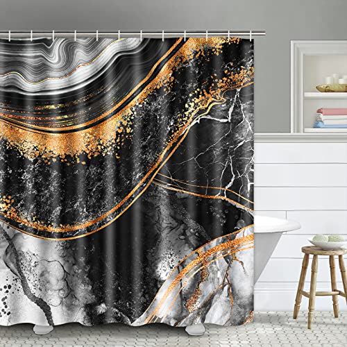 Ikfashoni 4 Pcs Black Marble Shower Curtain Set with Non-Slip Rugs, Toilet Lid Cover and Bath Mat, Abstract Black and Gold Shower Curtain with 12 Hooks, Modern Marble Shower Curtain for Bathroom Decor