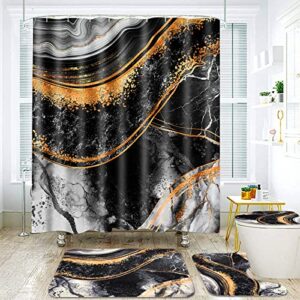 Ikfashoni 4 Pcs Black Marble Shower Curtain Set with Non-Slip Rugs, Toilet Lid Cover and Bath Mat, Abstract Black and Gold Shower Curtain with 12 Hooks, Modern Marble Shower Curtain for Bathroom Decor