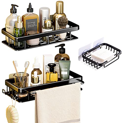 AmtoPm Shower Caddy, 3 Pack Shower Shelves Adhesive with Soap Holder, Rustproof Bathroom Shower Organizer for Inside Shower&Kitchen Storage Shelf Black