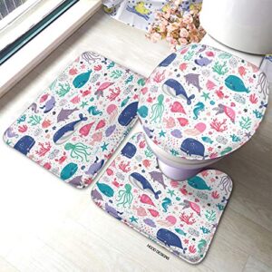 hgod designs sea bath mat colorful sea life cute fish jellyfish starfish octopus seamless pattern bathroom 3 piece set non-slip bathmat antiskid pad doormat and toilet lid cover set