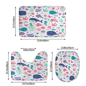 HGOD DESIGNS Sea Bath Mat Colorful Sea Life Cute Fish Jellyfish Starfish Octopus Seamless Pattern Bathroom 3 Piece Set Non-Slip Bathmat Antiskid Pad Doormat and Toilet Lid Cover Set