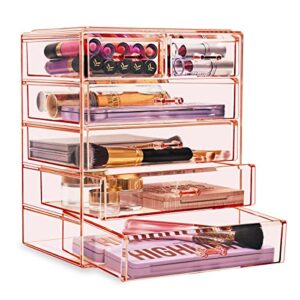 Sorbus Acrylic Clear Makeup Organizer - Big & Spacious Cosmetic Display Case - Stylish Designed Jewelry & Make Up Organizers and Storage for Vanity, Bathroom (4 Large, 2 Small Drawers) [Pink]