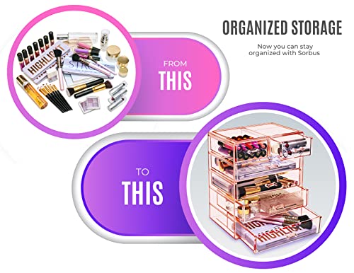 Sorbus Acrylic Clear Makeup Organizer - Big & Spacious Cosmetic Display Case - Stylish Designed Jewelry & Make Up Organizers and Storage for Vanity, Bathroom (4 Large, 2 Small Drawers) [Pink]