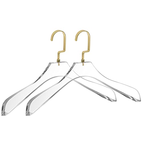 Quality Clear Lucite Acrylic Heavy Duty Coat Suit Hangers – 2 Pack, Curved Stylish Clothes Hanger with Wide Matte Gold Hooks - Coat Hanger for Dress, Suit - Closet Organizer Adult Hangers