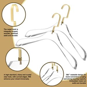 Quality Clear Lucite Acrylic Heavy Duty Coat Suit Hangers – 2 Pack, Curved Stylish Clothes Hanger with Wide Matte Gold Hooks - Coat Hanger for Dress, Suit - Closet Organizer Adult Hangers