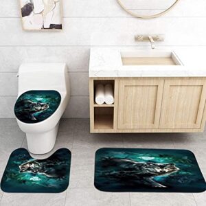 StarBlue-HGS Moonlit Night Wolf Shower Curtain Set with Non-Slip Rugs, Toilet Lid Cover and Bath Mat Accessories with Hook Bathroom Decor