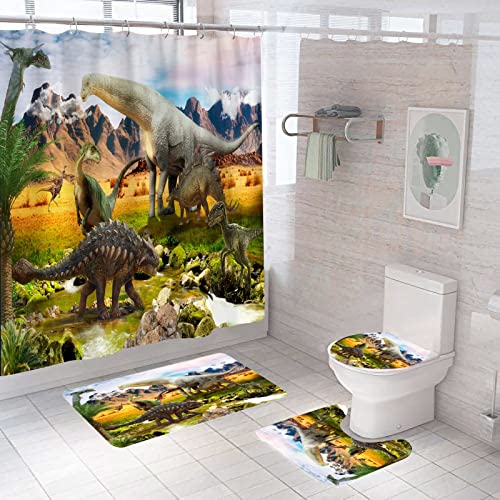 Dinosaur Shower Curtain 3D Printed, Jurassic 4Pcs Bathroom Decor Set, with Non-Slip Rug, Toilet Lid Cover and Bath Mat, Durable Waterproof Bath Curtain with 12 Hooks-59" X 72"