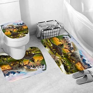 Dinosaur Shower Curtain 3D Printed, Jurassic 4Pcs Bathroom Decor Set, with Non-Slip Rug, Toilet Lid Cover and Bath Mat, Durable Waterproof Bath Curtain with 12 Hooks-59" X 72"