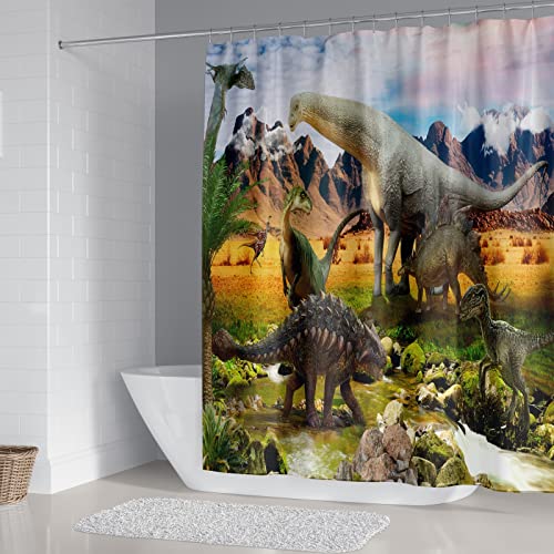 Dinosaur Shower Curtain 3D Printed, Jurassic 4Pcs Bathroom Decor Set, with Non-Slip Rug, Toilet Lid Cover and Bath Mat, Durable Waterproof Bath Curtain with 12 Hooks-59" X 72"