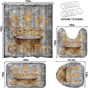 DuoBaorom 4 Pieces Set Queen Shower Curtain Set Abstract Golden Crown with Letter Queen Grey Artwork on Non-Slip Rugs Toilet Lid Cover Bath Mat and Bathroom Curtain with 12 Hooks 72x72inch