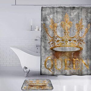 DuoBaorom 4 Pieces Set Queen Shower Curtain Set Abstract Golden Crown with Letter Queen Grey Artwork on Non-Slip Rugs Toilet Lid Cover Bath Mat and Bathroom Curtain with 12 Hooks 72x72inch