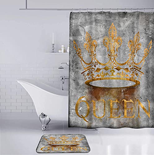 DuoBaorom 4 Pieces Set Queen Shower Curtain Set Abstract Golden Crown with Letter Queen Grey Artwork on Non-Slip Rugs Toilet Lid Cover Bath Mat and Bathroom Curtain with 12 Hooks 72x72inch