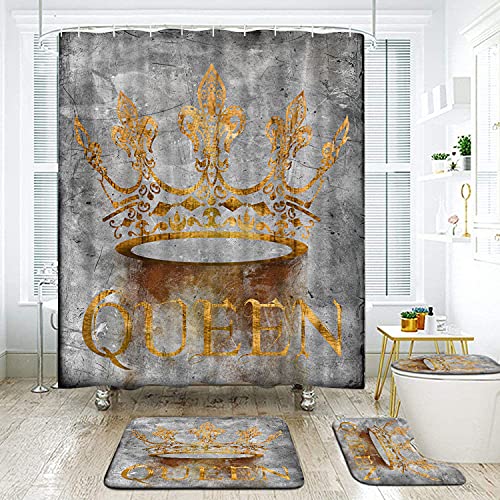 DuoBaorom 4 Pieces Set Queen Shower Curtain Set Abstract Golden Crown with Letter Queen Grey Artwork on Non-Slip Rugs Toilet Lid Cover Bath Mat and Bathroom Curtain with 12 Hooks 72x72inch