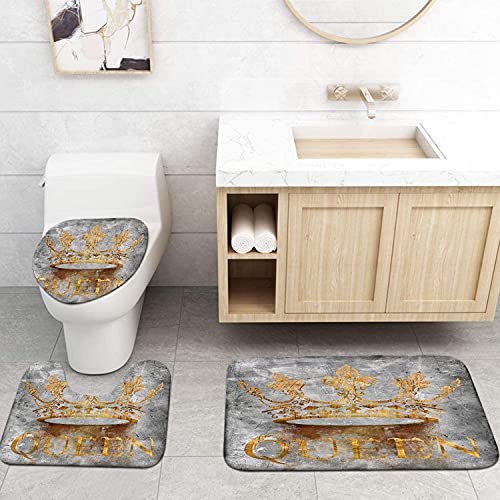 DuoBaorom 4 Pieces Set Queen Shower Curtain Set Abstract Golden Crown with Letter Queen Grey Artwork on Non-Slip Rugs Toilet Lid Cover Bath Mat and Bathroom Curtain with 12 Hooks 72x72inch