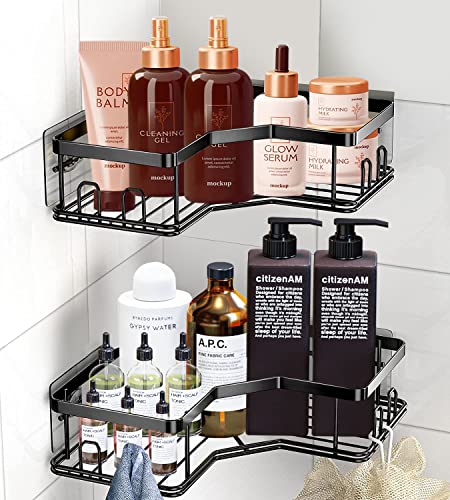 EDVENA Corner Shower Caddy Organizer & Soap Dish Holder Set, 3PCS with Removable Self Adhesive Hooks Shelf Basket Shelves for Shampoo Storage Bathroom Organization Kitchen Accessories Spice Racks