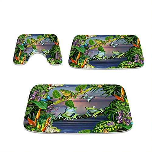 Kithstore Cartoon Tropical Jungle Tree Frog Butterfly Bathroom Rugs 20 x 31 Bath Mat 16 x 24 Sets 3 Piece Memory Foam Anti Slip Absorbent Mats U-Shaped Contour Shower Mat