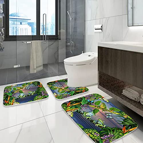 Kithstore Cartoon Tropical Jungle Tree Frog Butterfly Bathroom Rugs 20 x 31 Bath Mat 16 x 24 Sets 3 Piece Memory Foam Anti Slip Absorbent Mats U-Shaped Contour Shower Mat