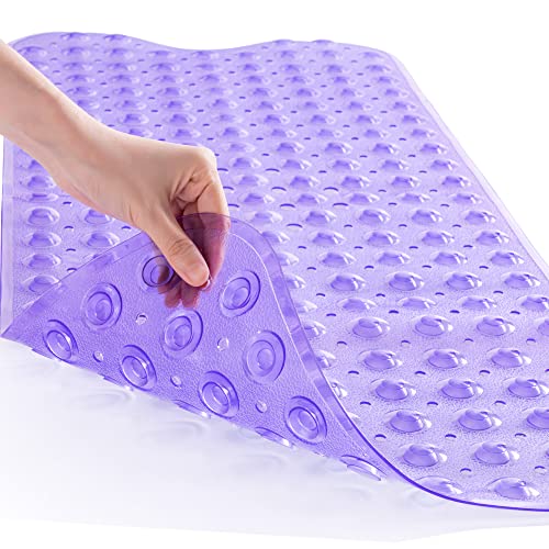 ROSMARUS Shower Mat Extra Long 16” x 39” Non-Slip Bath Mat for Tub with Suction Cups and Drain Holes Bathtub Mats for Kids, Baby, Bathroom Shower Floor Mat Anti Slip Bathtub Accessories, Purple