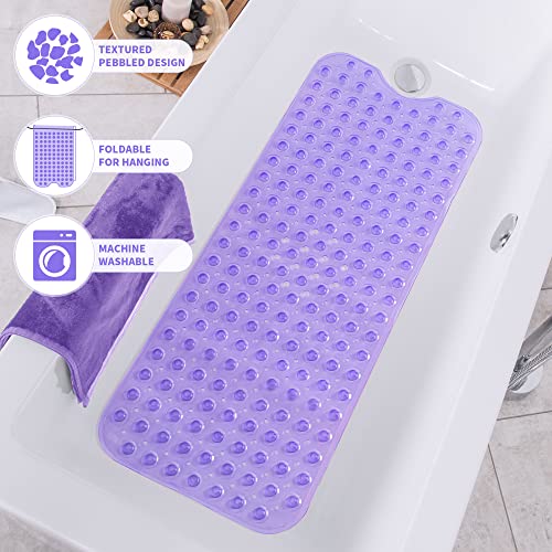 ROSMARUS Shower Mat Extra Long 16” x 39” Non-Slip Bath Mat for Tub with Suction Cups and Drain Holes Bathtub Mats for Kids, Baby, Bathroom Shower Floor Mat Anti Slip Bathtub Accessories, Purple