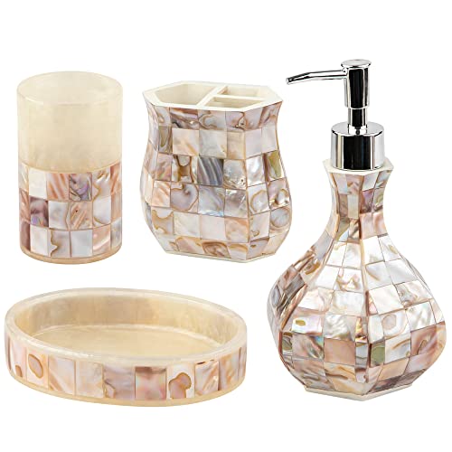 Creative Scents Decorative Bathroom Accessories Set - 4 Piece Bathroom Accessory Set Covered with Natural Mother of Pearl Shells Includes: Soap Dispenser, Toothbrush Holder, Tumbler and Soap Dish