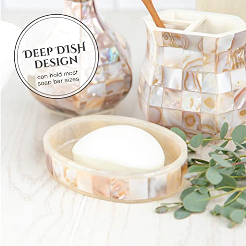 Creative Scents Decorative Bathroom Accessories Set - 4 Piece Bathroom Accessory Set Covered with Natural Mother of Pearl Shells Includes: Soap Dispenser, Toothbrush Holder, Tumbler and Soap Dish