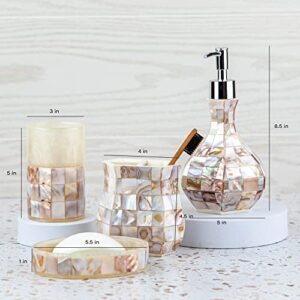 Creative Scents Decorative Bathroom Accessories Set - 4 Piece Bathroom Accessory Set Covered with Natural Mother of Pearl Shells Includes: Soap Dispenser, Toothbrush Holder, Tumbler and Soap Dish