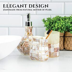 Creative Scents Decorative Bathroom Accessories Set - 4 Piece Bathroom Accessory Set Covered with Natural Mother of Pearl Shells Includes: Soap Dispenser, Toothbrush Holder, Tumbler and Soap Dish